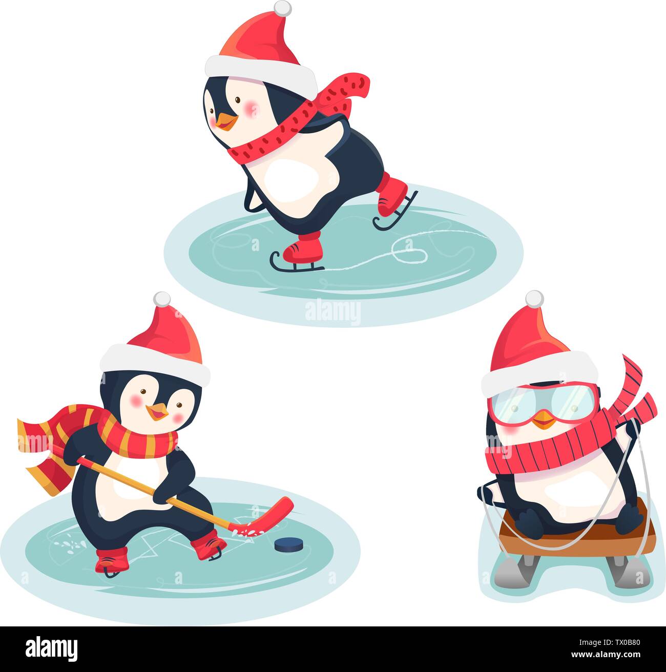 Christmas penguins in winter. Winter sports. Childrens sports concept ...