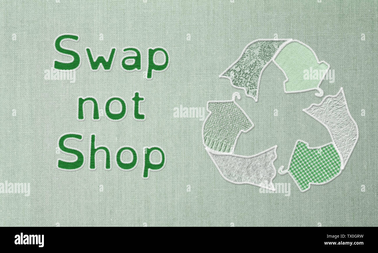 Swap not Shop text and symbol stitched on fabric, concept illustration ...