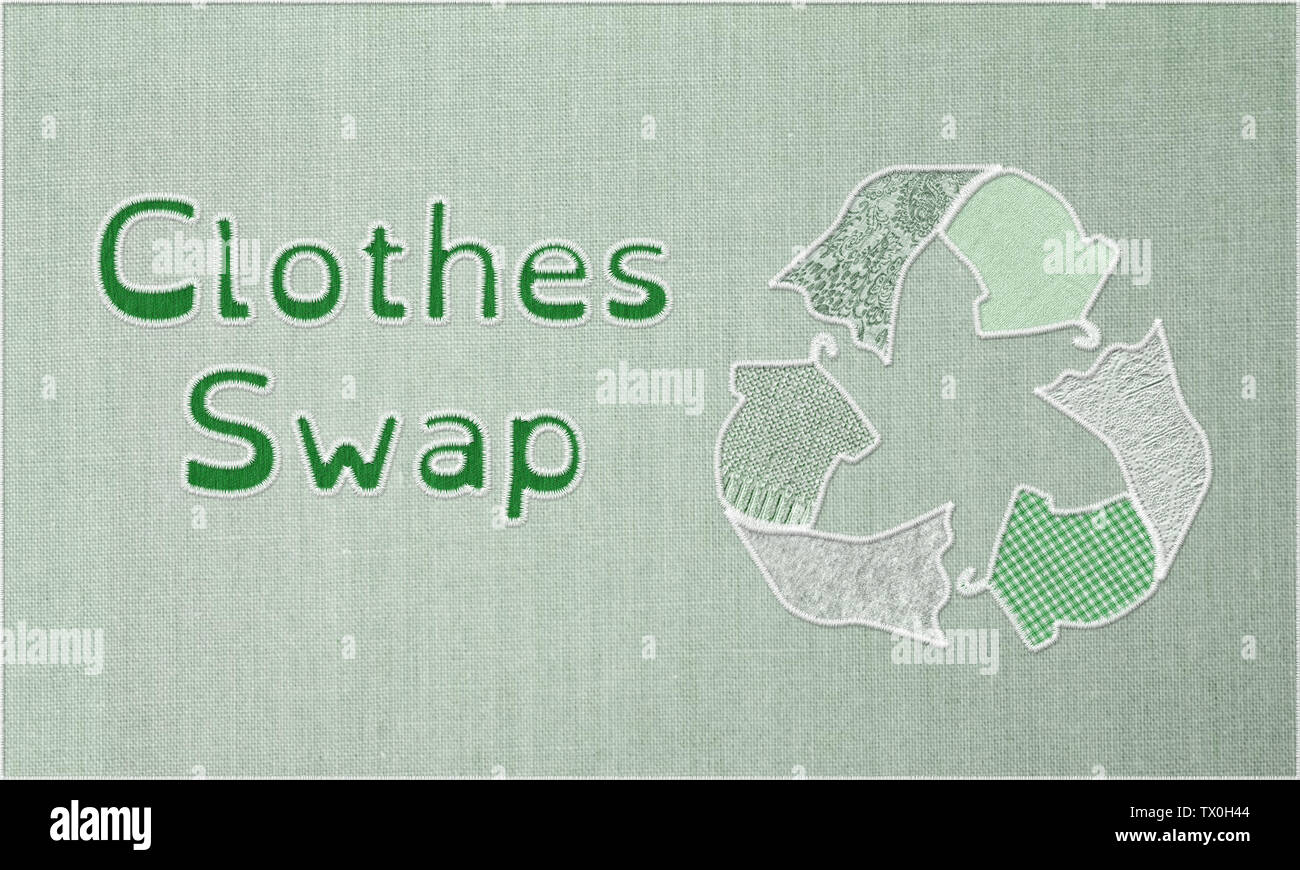 Clothes Swap text and symbol stitched on fabric, concept illustration ...