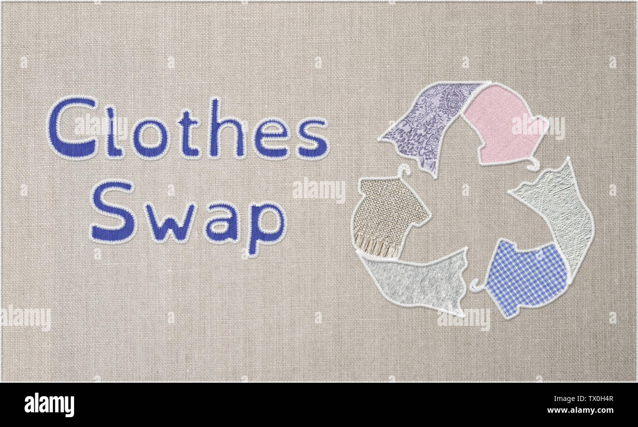 Clothes Swap text and symbol stitched on fabric, concept illustration ...