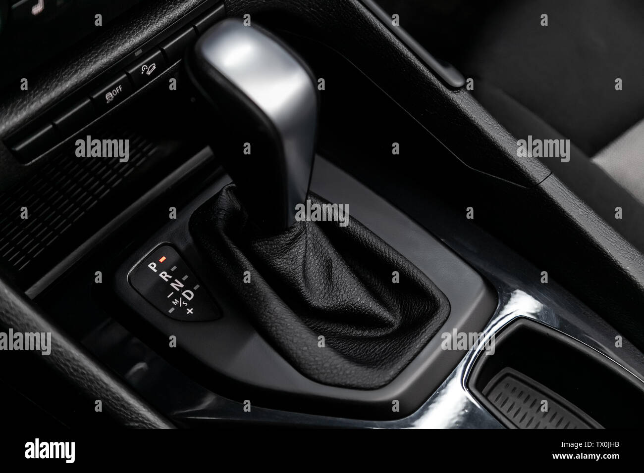 Close up of the automatic gearbox lever, blackinterior car; Automatic ...