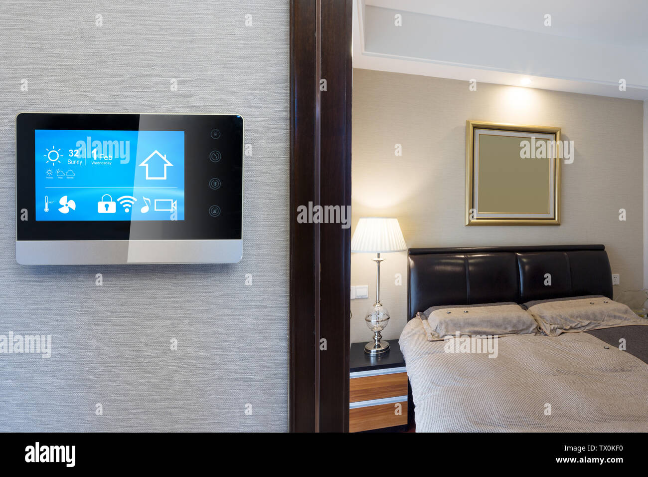 smart screen with smart home with modern bedroom Stock Photo - Alamy