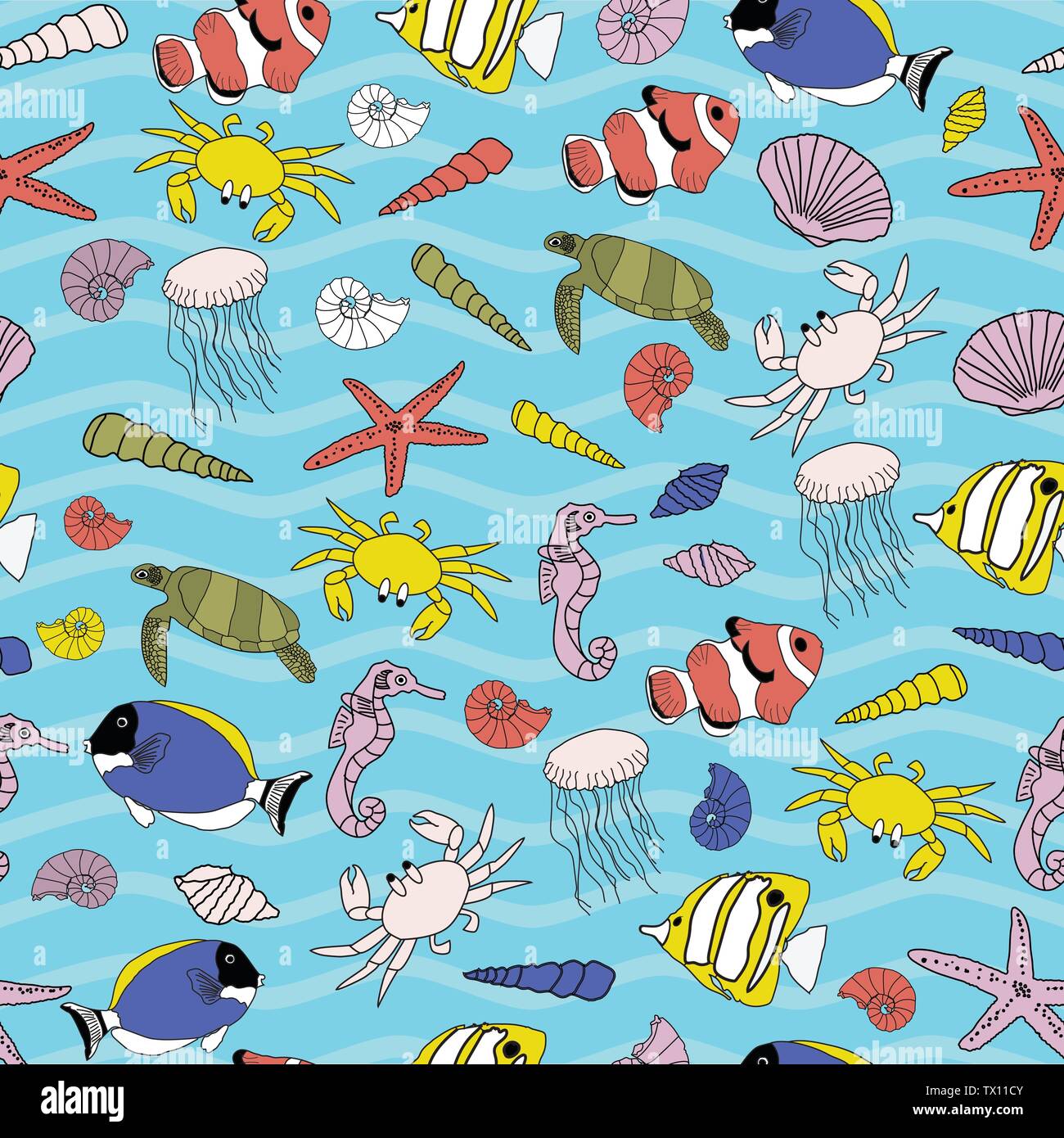 Cute hand drawn underwater scenery seamless pattern background Stock ...