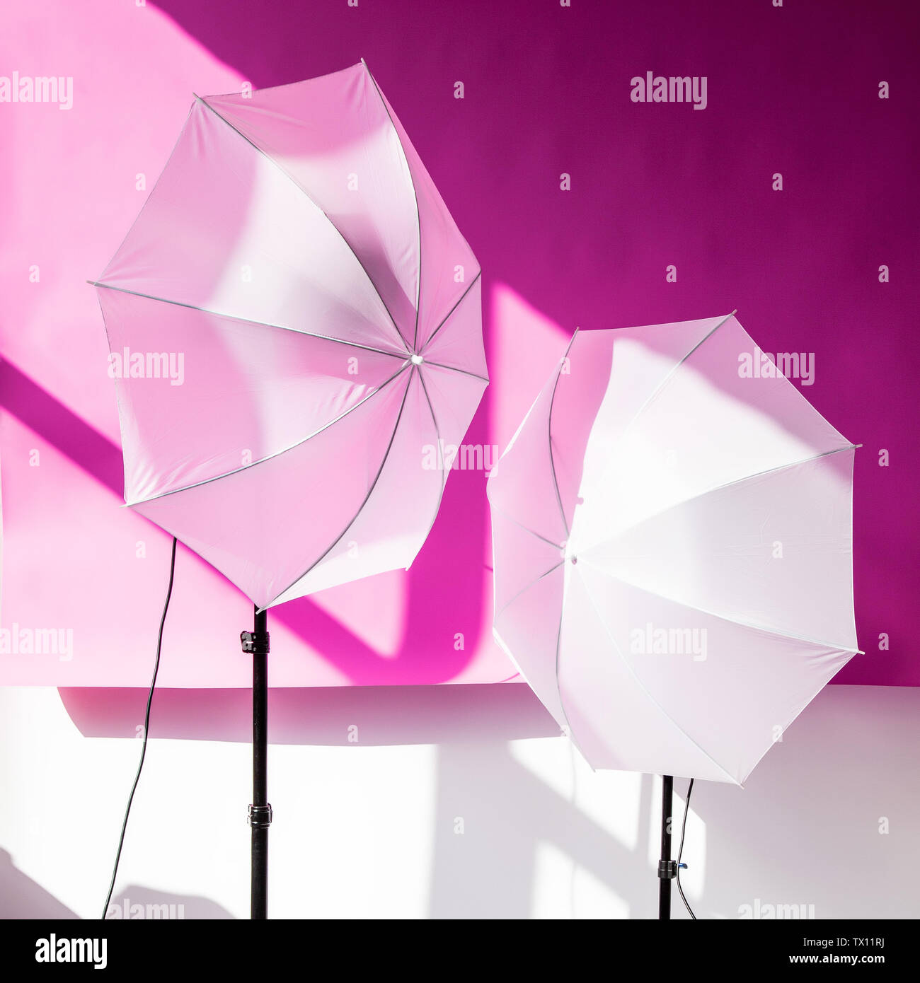 Photography studio flash strobe for light and picture taking on pink ...