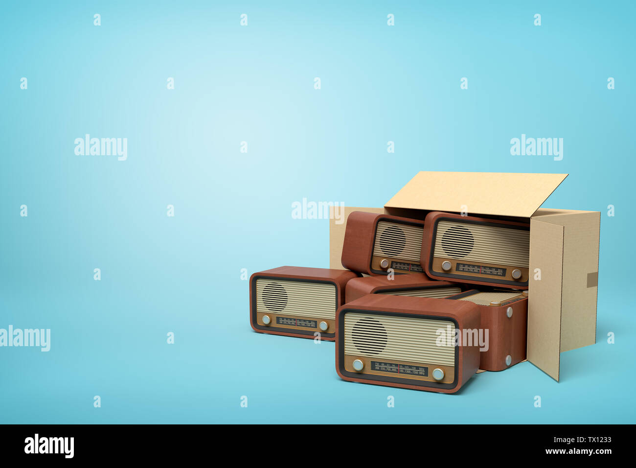 3d rendering of cardboard box lying sidelong full of old-fashioned ...