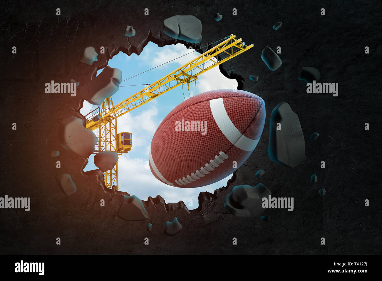 3d rendering of hoisting crane carrying oval ball for American football ...