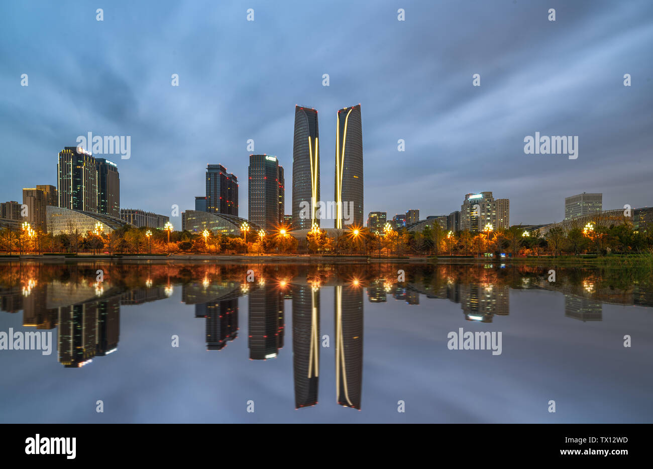 Night view of modern buildings in Chengdu City South Business District ...