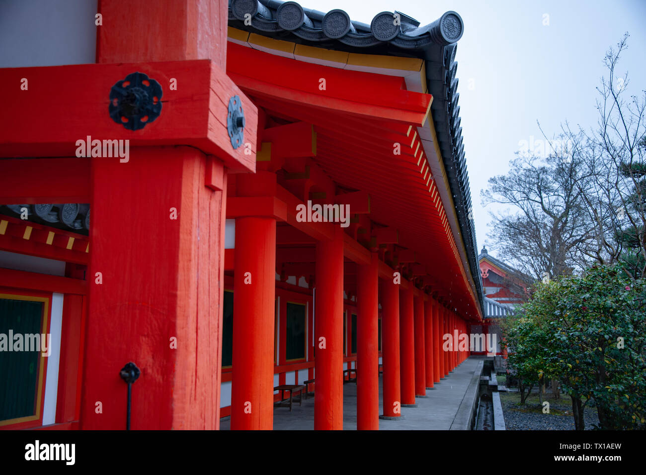 Traditional Japanese architecture, red painted pillars and decorative ...