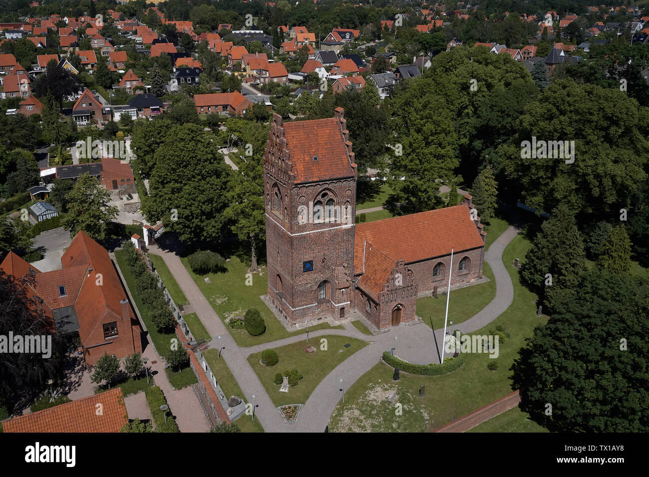 Aerial view of Glostrup church located the Copenhagen metropolitan area ...