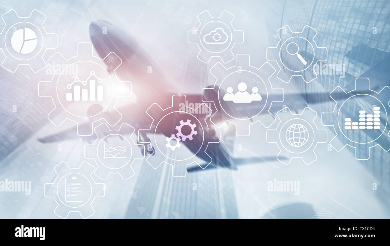 Business process abstract diagram with gears and icons. Workflow and ...