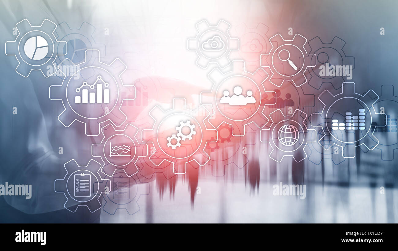Business process abstract diagram with gears and icons. Workflow and ...