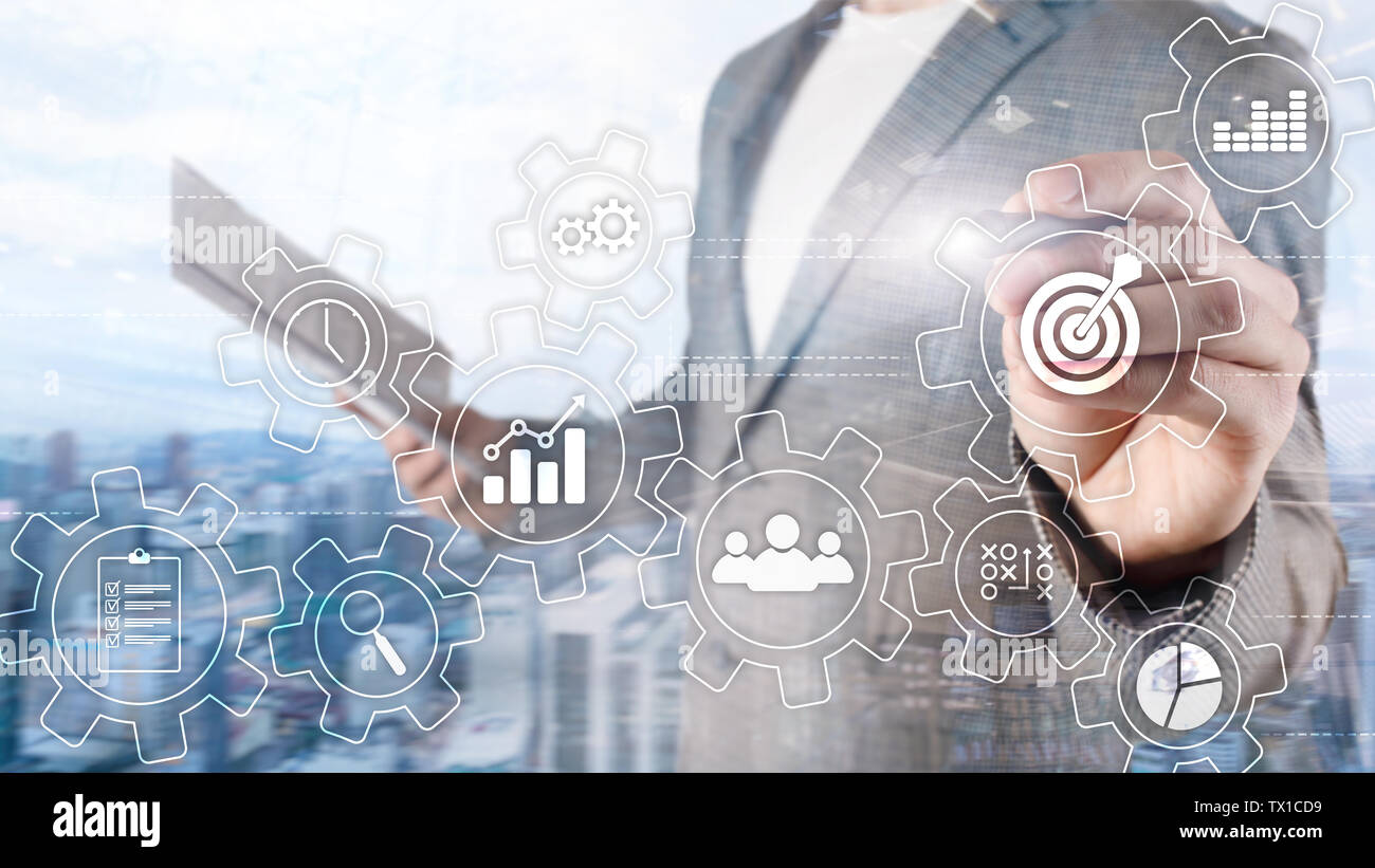 Business process automation concept. Gears and icons on abstract ...