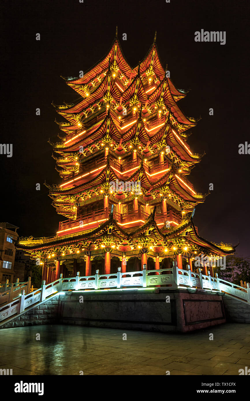 Mengshan, Mei River, night view, West Battery, wind and rain bridge ...