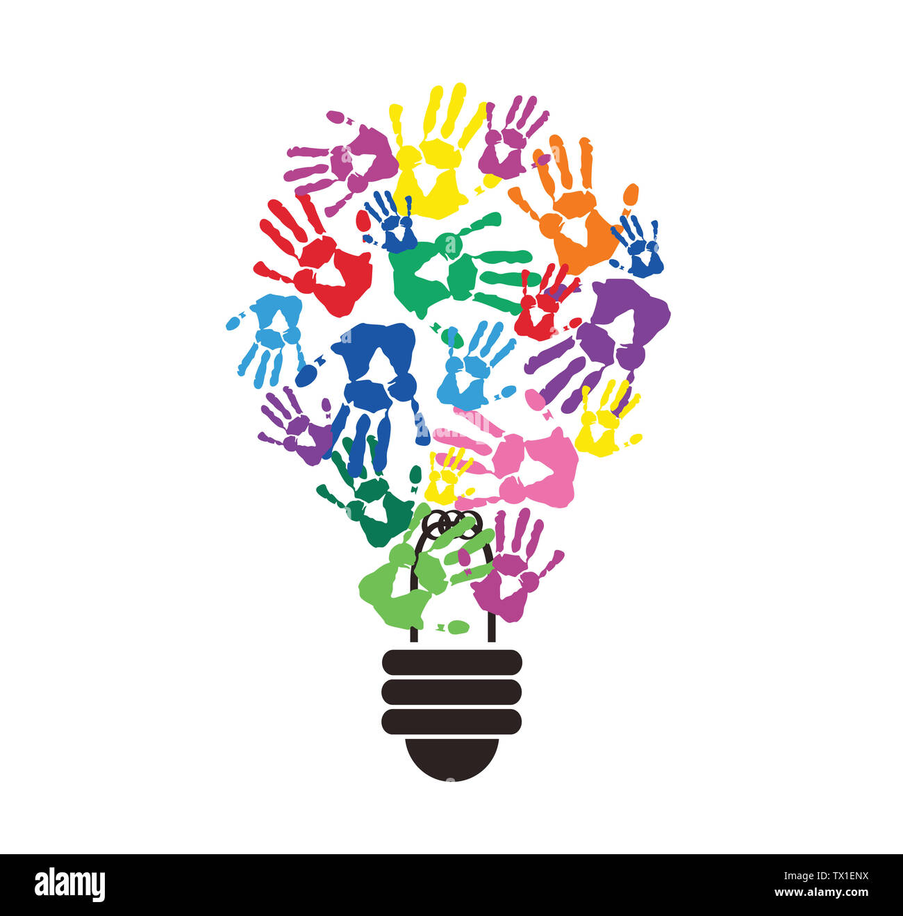 colorful handprint in lightbulb shape , symbol of thinking concept ...