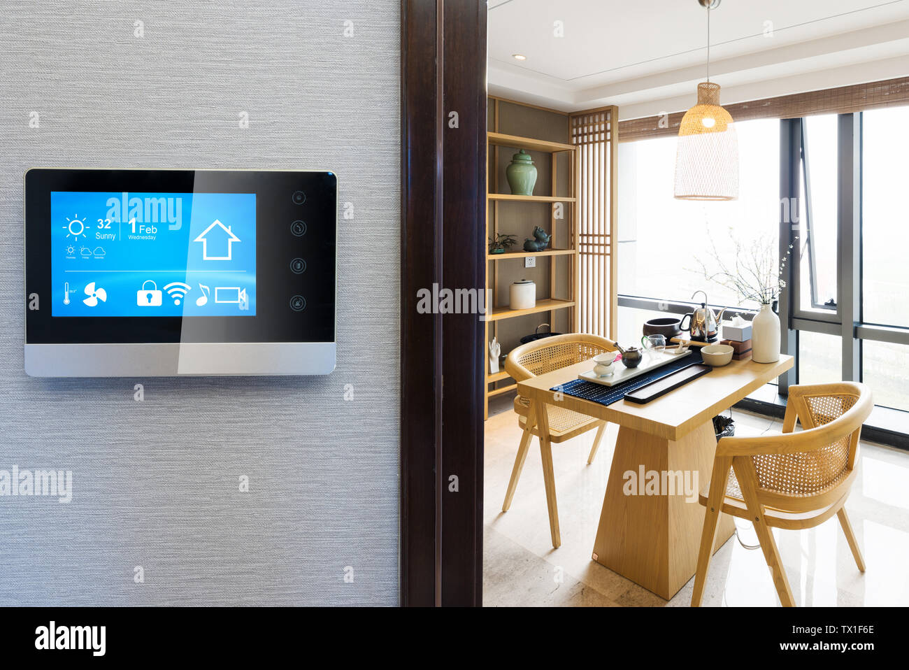 smart screen with smart home with modern living room Stock Photo - Alamy