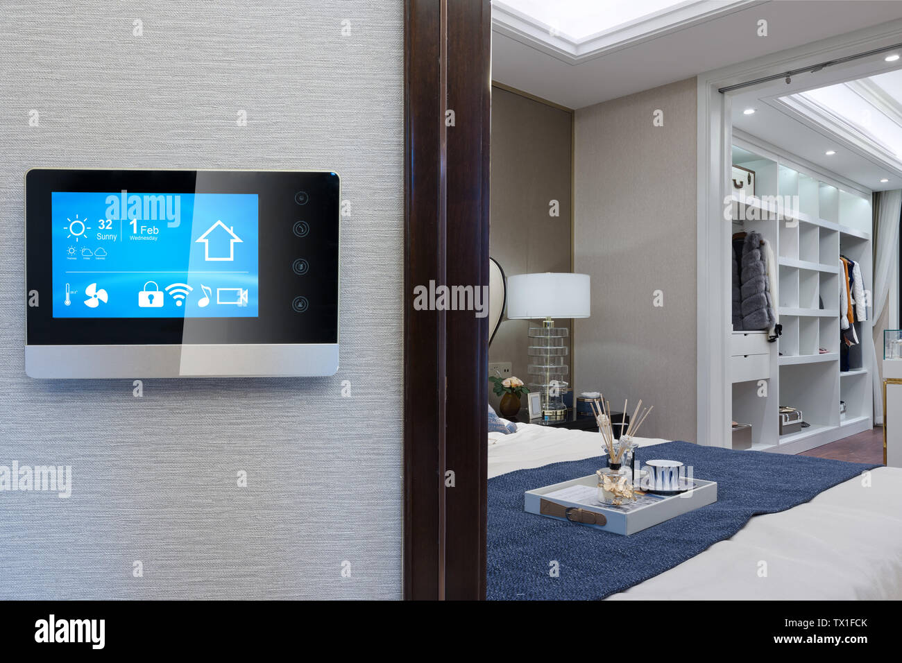 smart screen with smart home with modern bedroom Stock Photo - Alamy