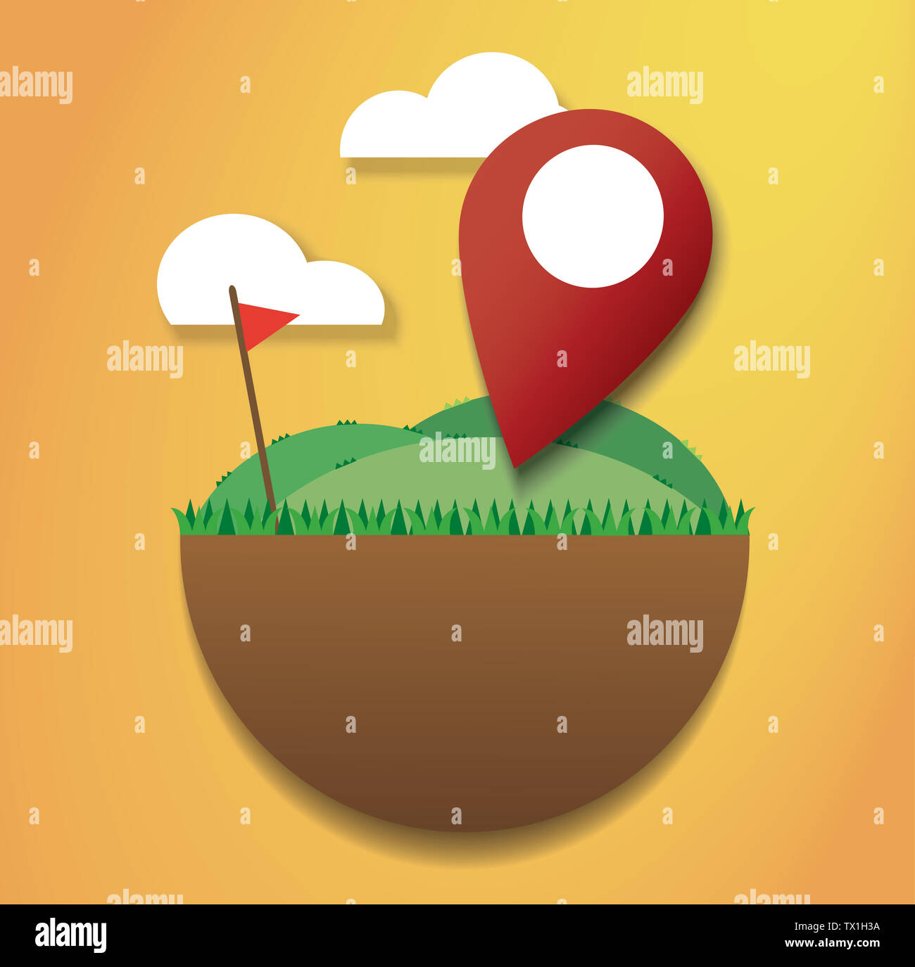 Location icon on the green field and red flag. reach to destination ...