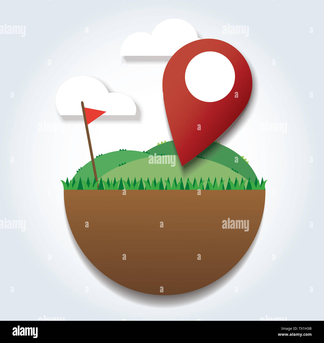 Location icon on the green field and red flag. reach to destination ...