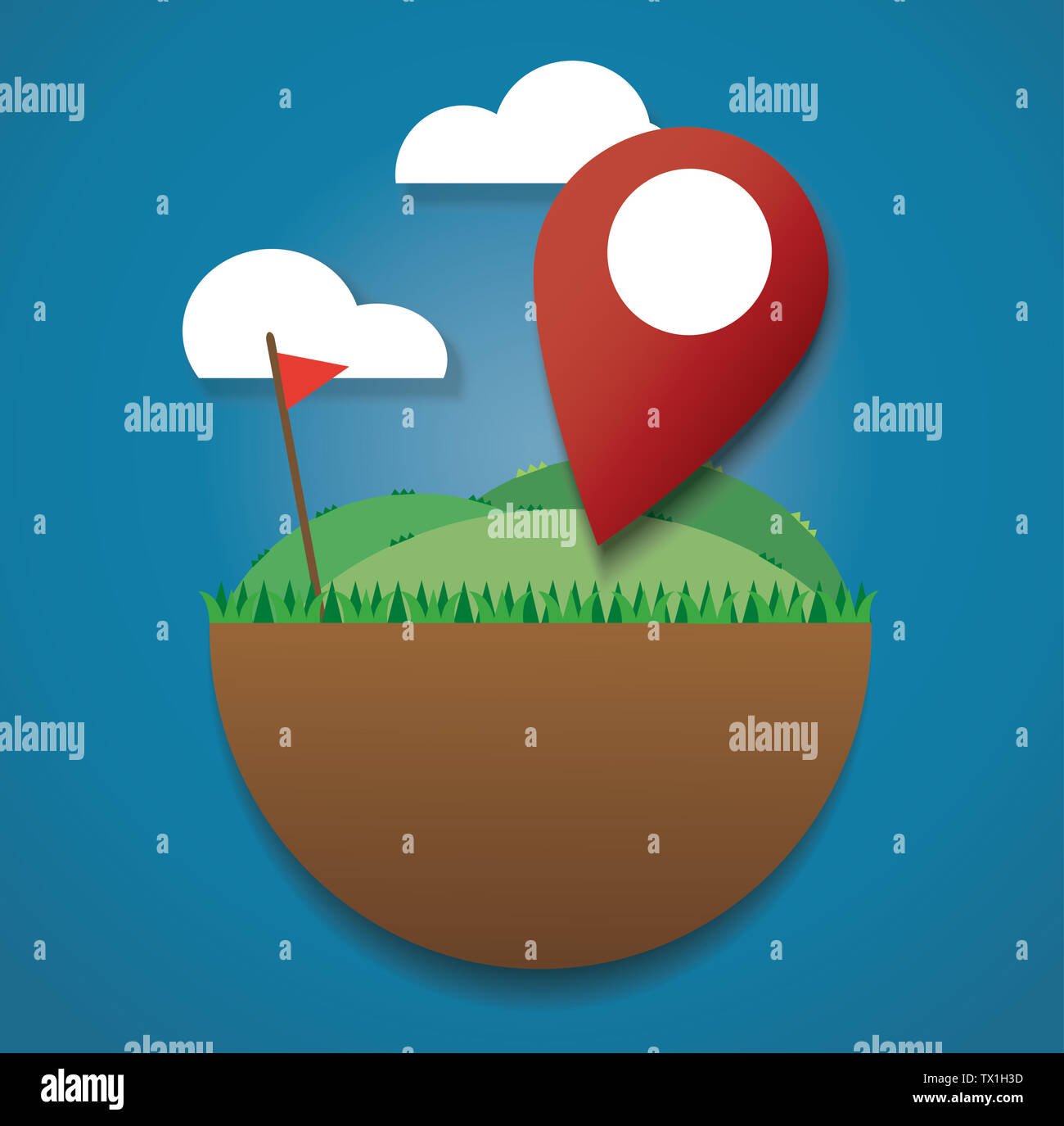 Location icon on the green field and red flag. reach to destination ...