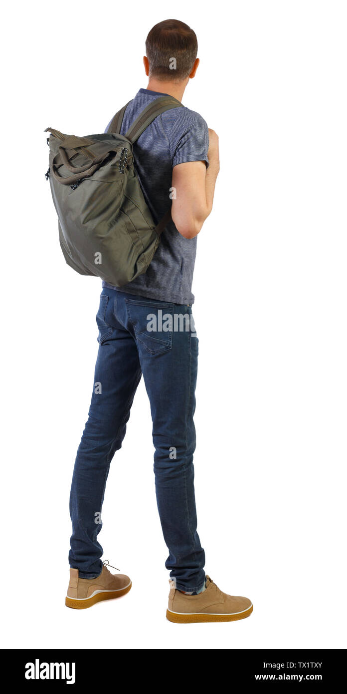 Back view of a man with a green bag. backside view of person. Rear view ...