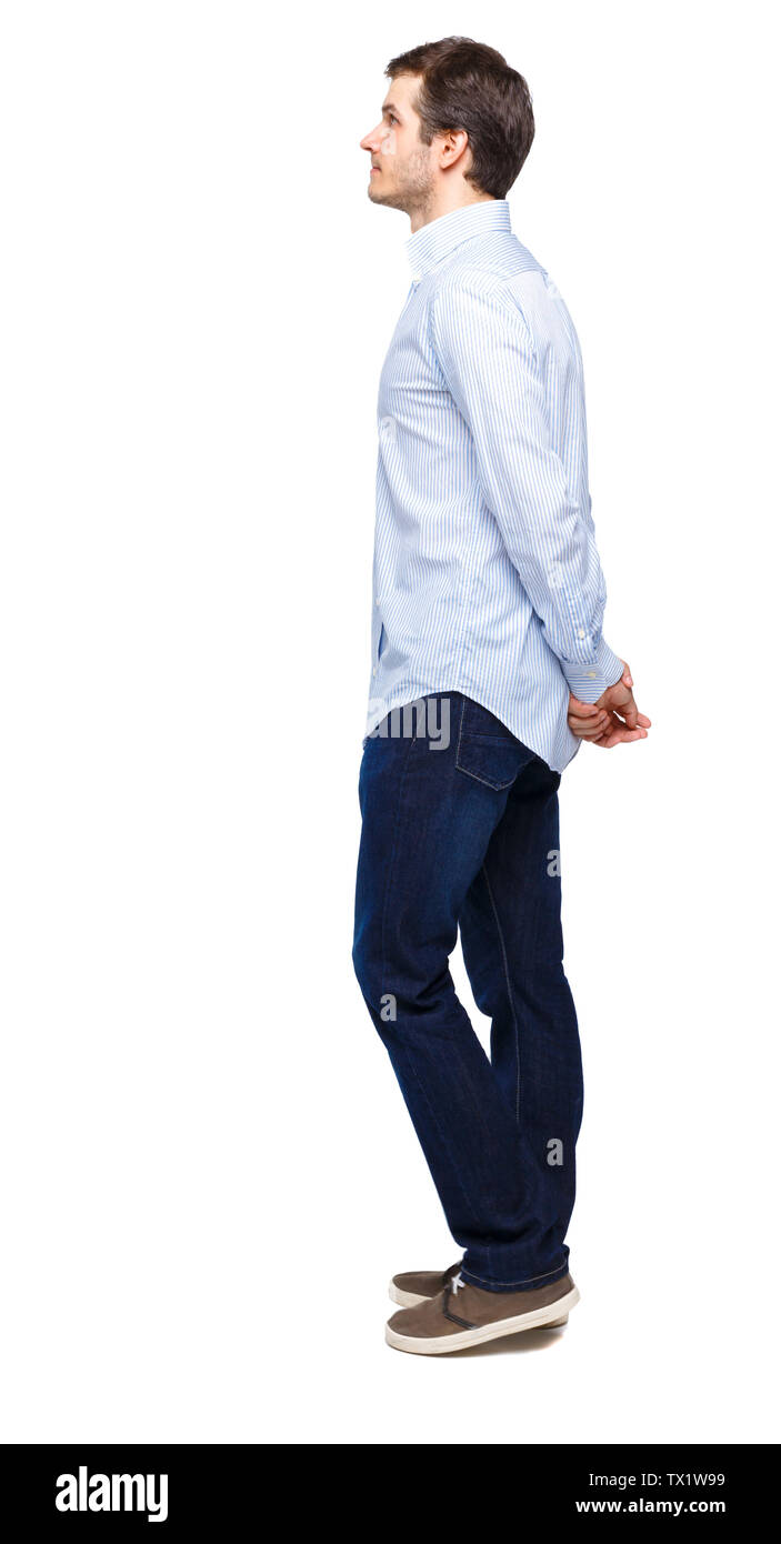 Side view of going handsome man. walking young guy . Rear view people ...