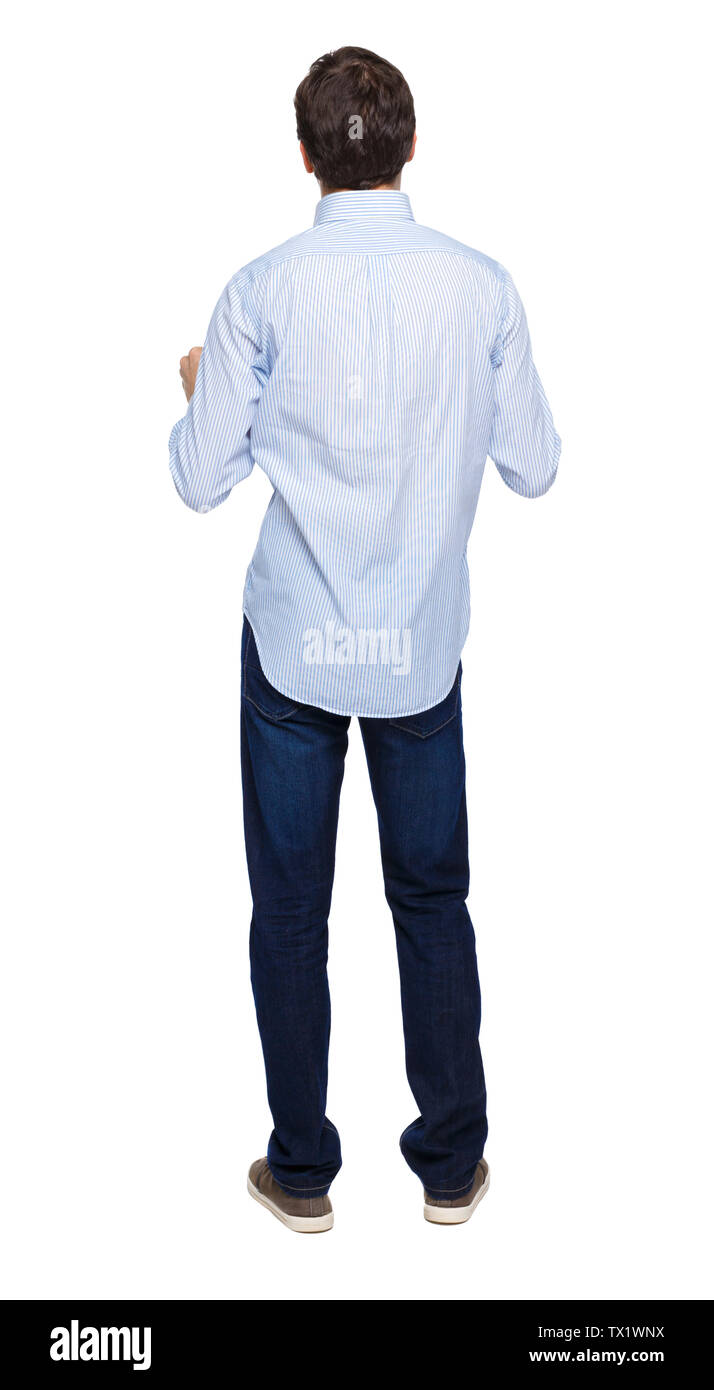Back view of man in dark jeans. Standing young guy. Rear view people ...