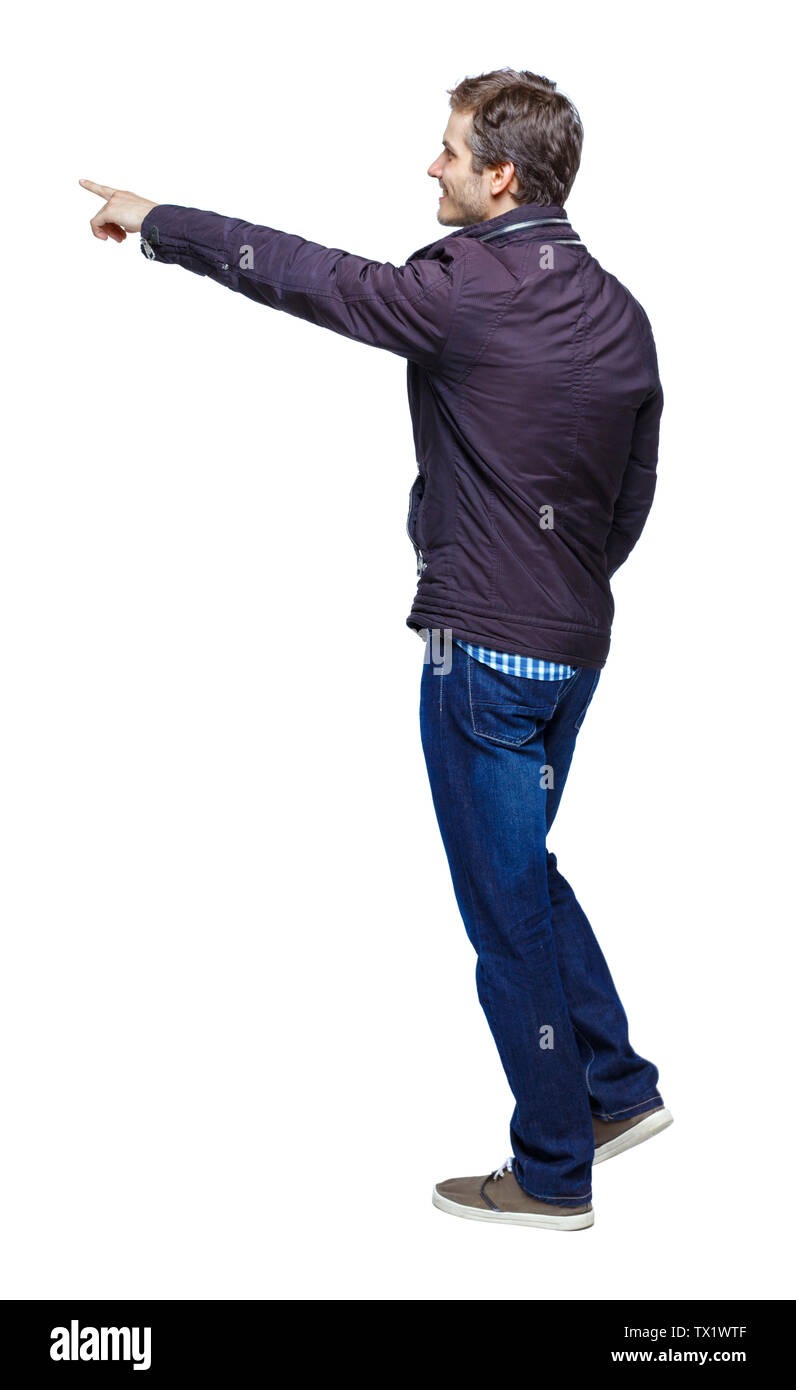 Back view of a man walking with a pointing hand. going guy showing ...