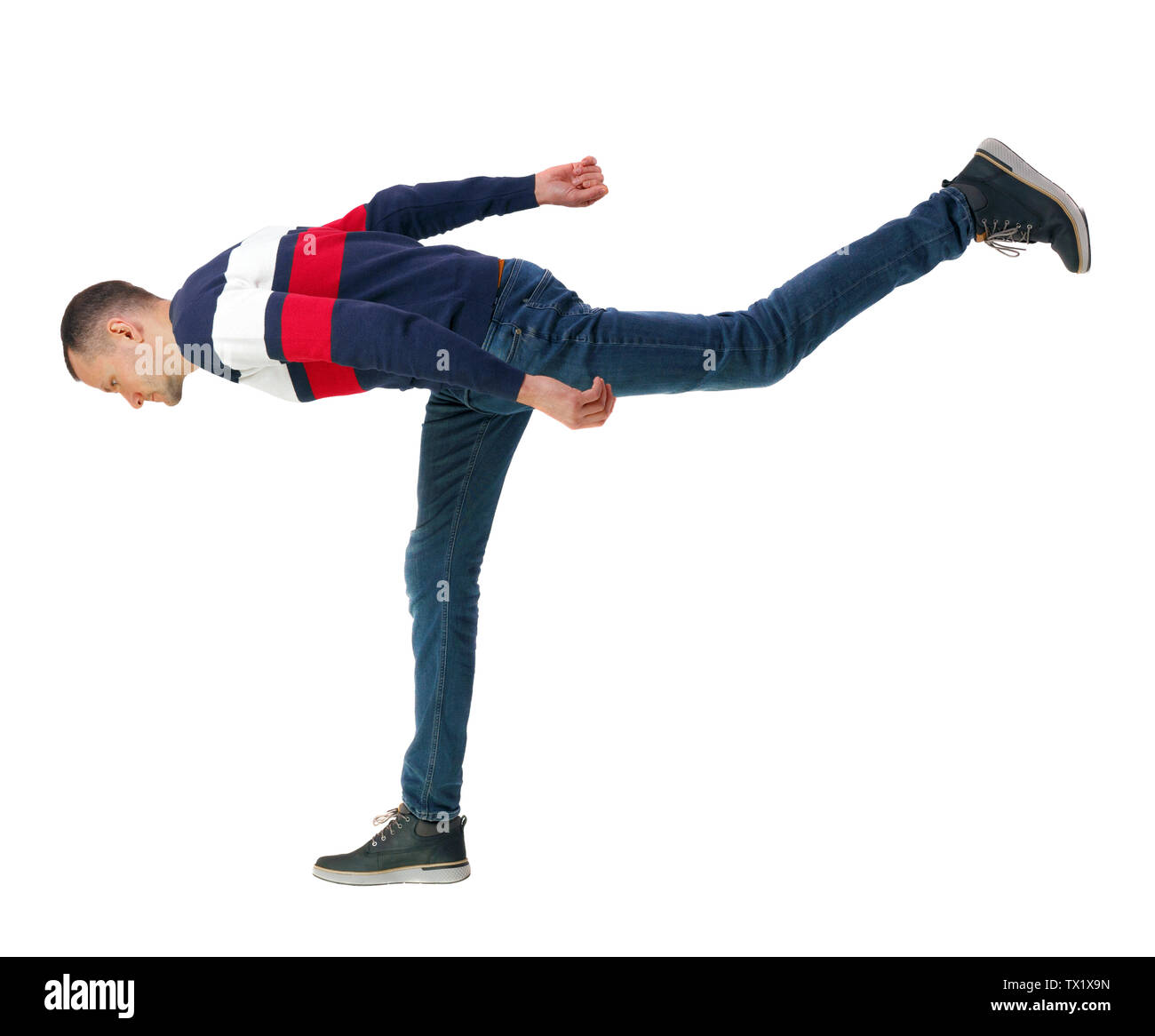 Back view man Balances waving his arms. Rear view people collection ...