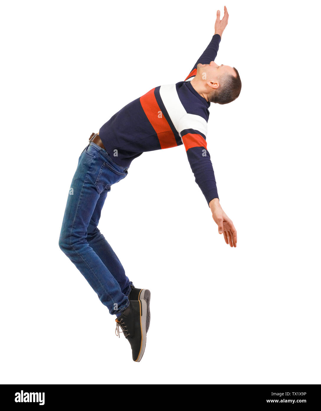 Side view of man in zero gravity or a fall. guy is flying, falling or ...