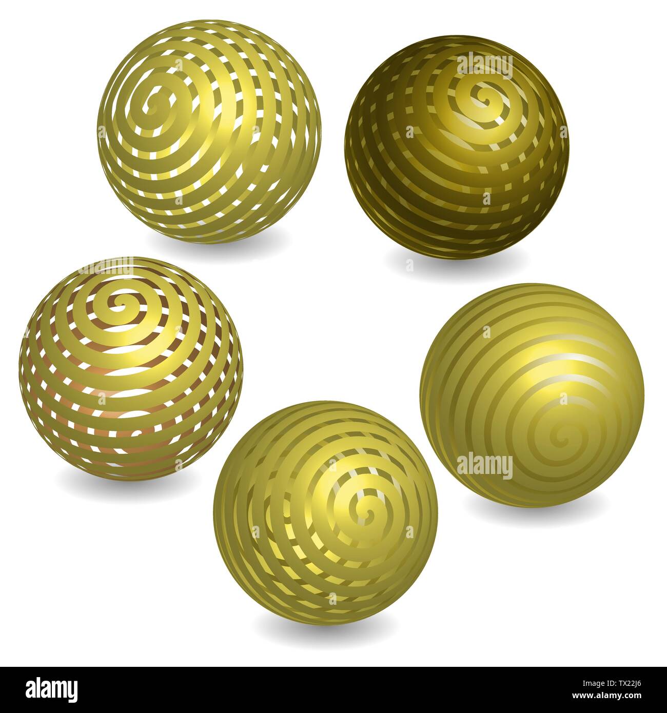 Set of gold realistic three dimensional spheres isolated on white ...