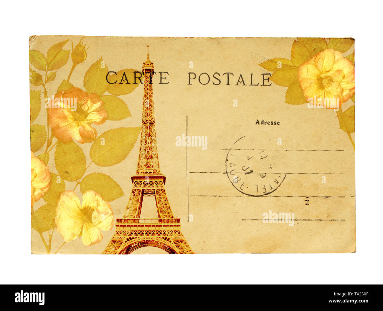 Vintage postcard with Eiffel Tower and rose flowers. Lettering ...