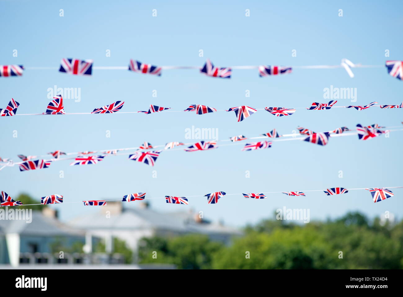 pretty many United Kingdom (UK) flags placed diagonal with bokeh and ...
