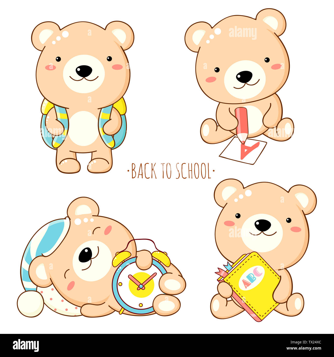 Back to school. Vector set of education icons in kawaii style. Cute ...