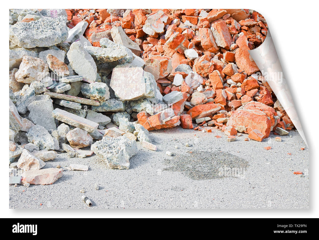 Concrete and brick rubble debris on construction site after a ...