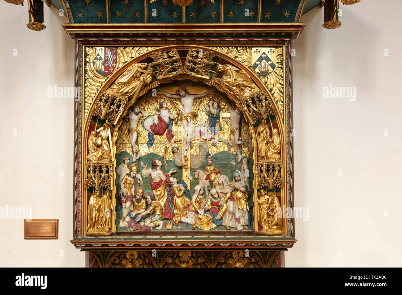 16th century Flemish reredos screen of Crucifixion, Cavendish church ...
