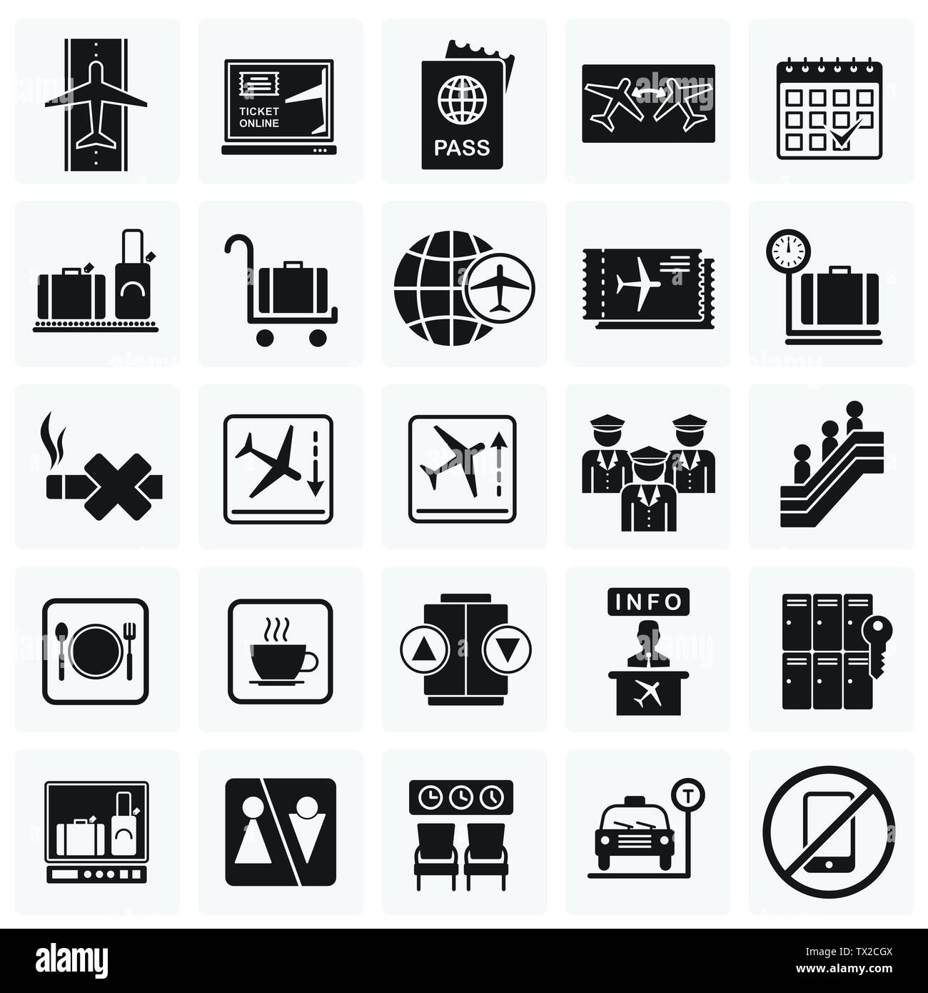 Airport related icons set on squares background for graphic and web ...