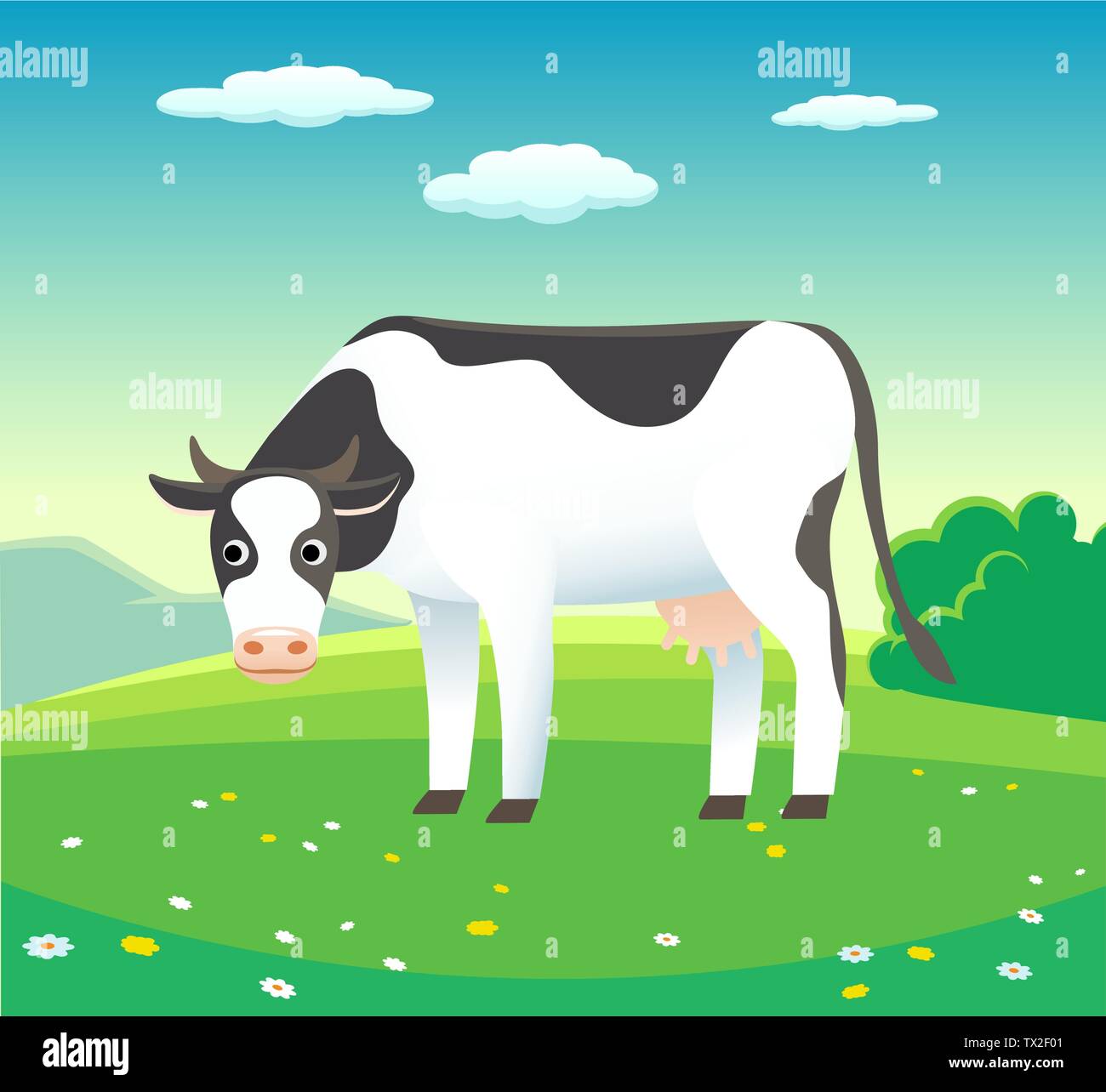 Nature summer landscape with cow in meadow, vector - background ...
