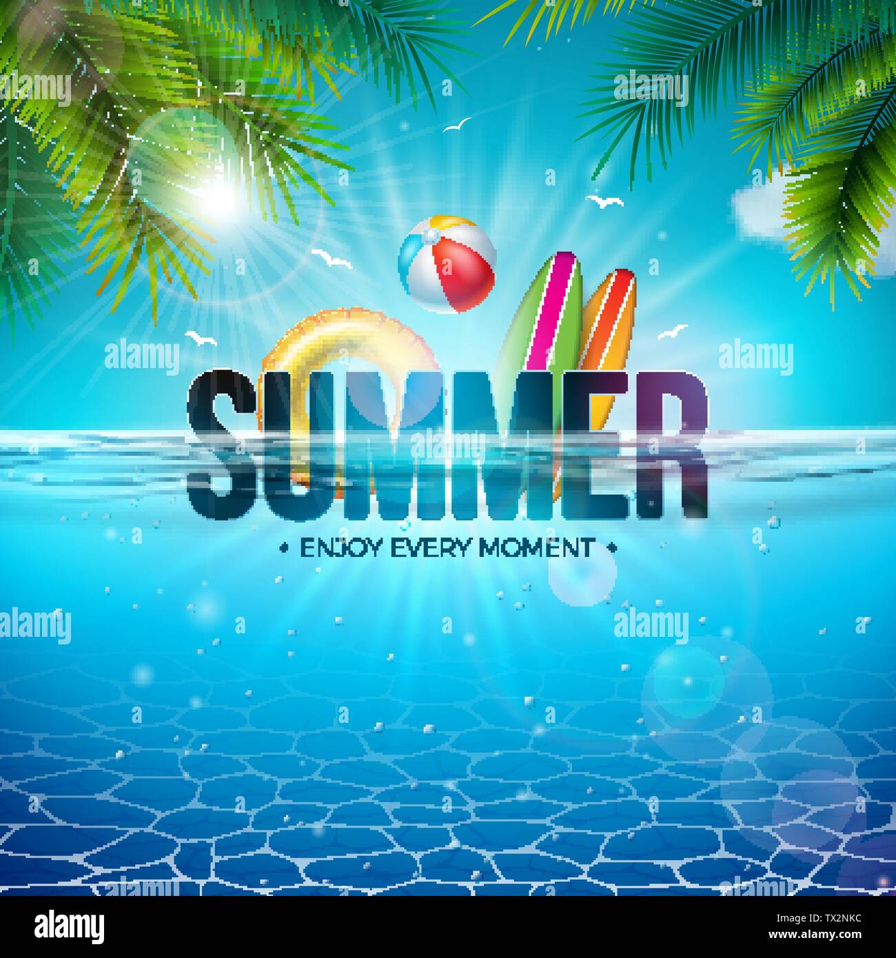 Vector Summer Illustration with Beach Ball, Palm Leaves, Surf Board and ...