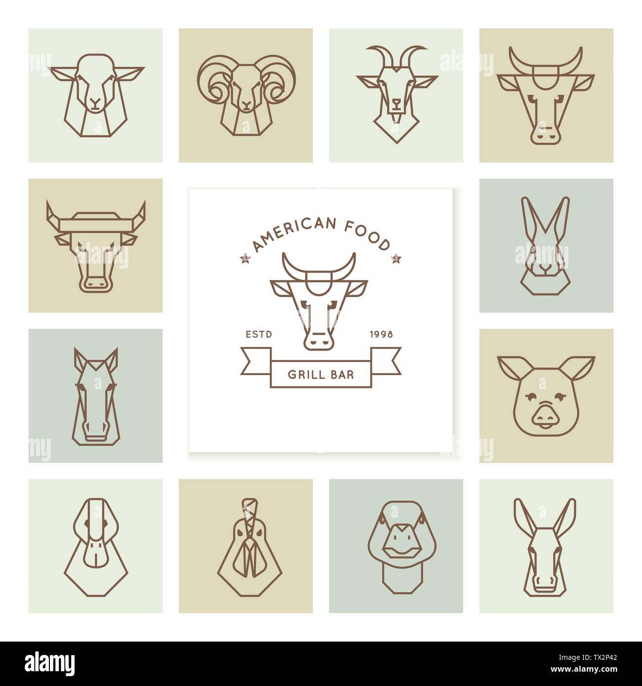 Vector logos of american food, large set of vectors icons of heads of ...