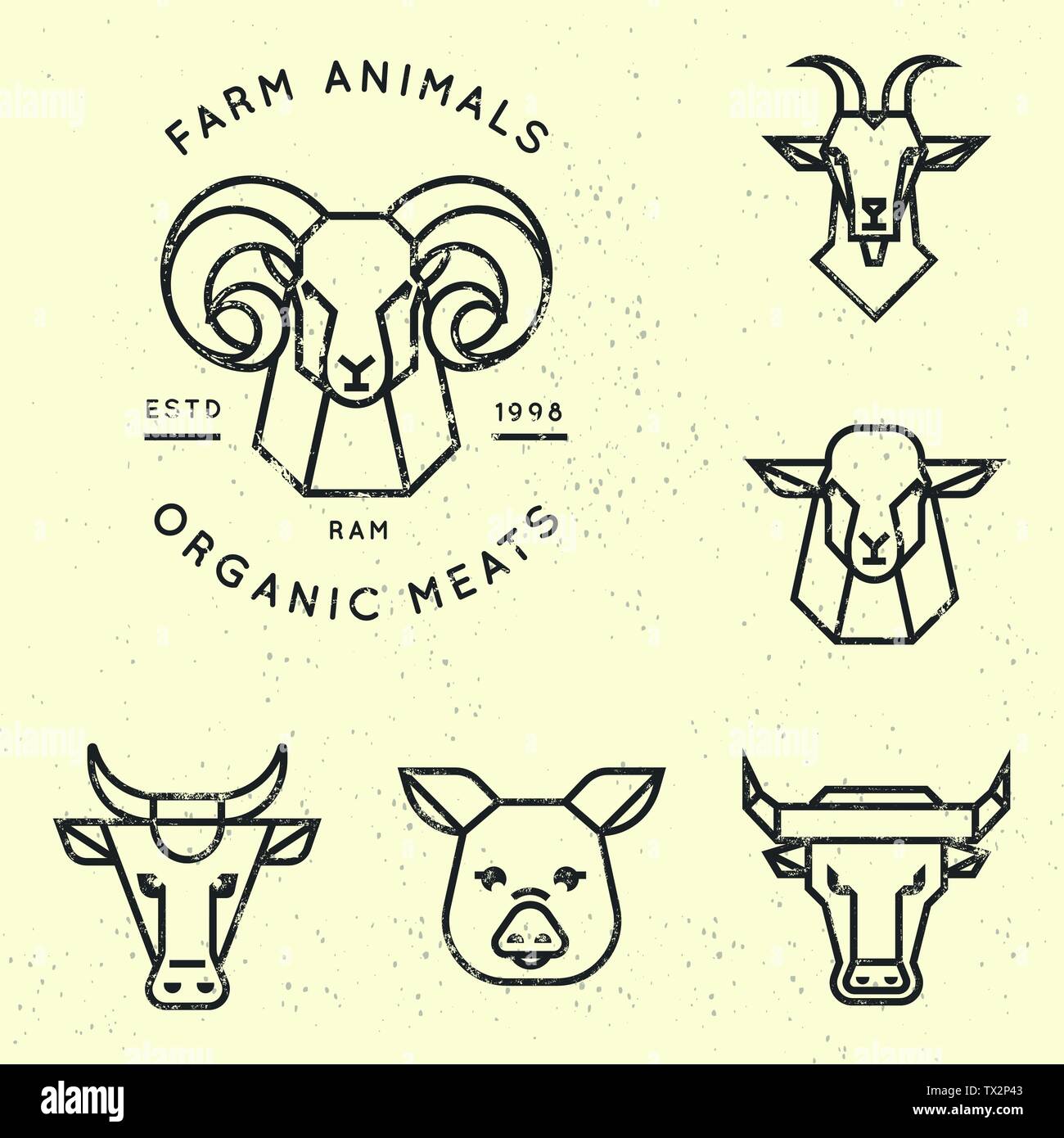 Vector collection of illustrations of farm animals icons in linear ...