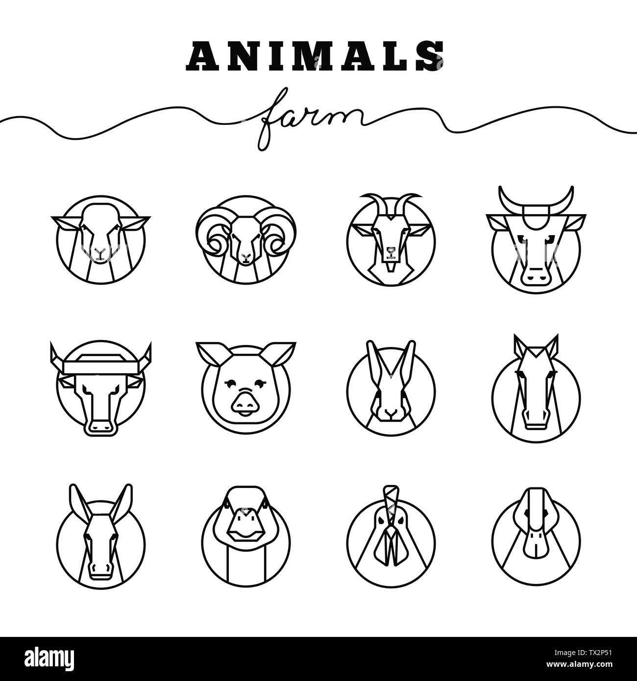 Vector collection of illustrations of farm animals icons in linear ...