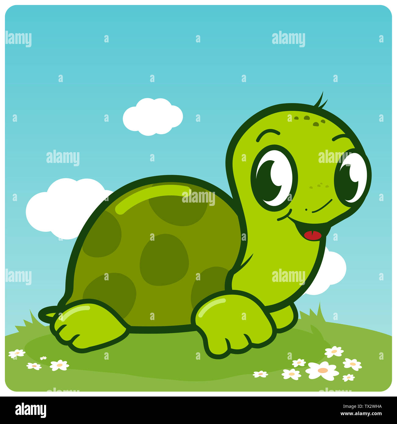 A happy turtle in the garden walking in the grass. Cute turtle pet ...