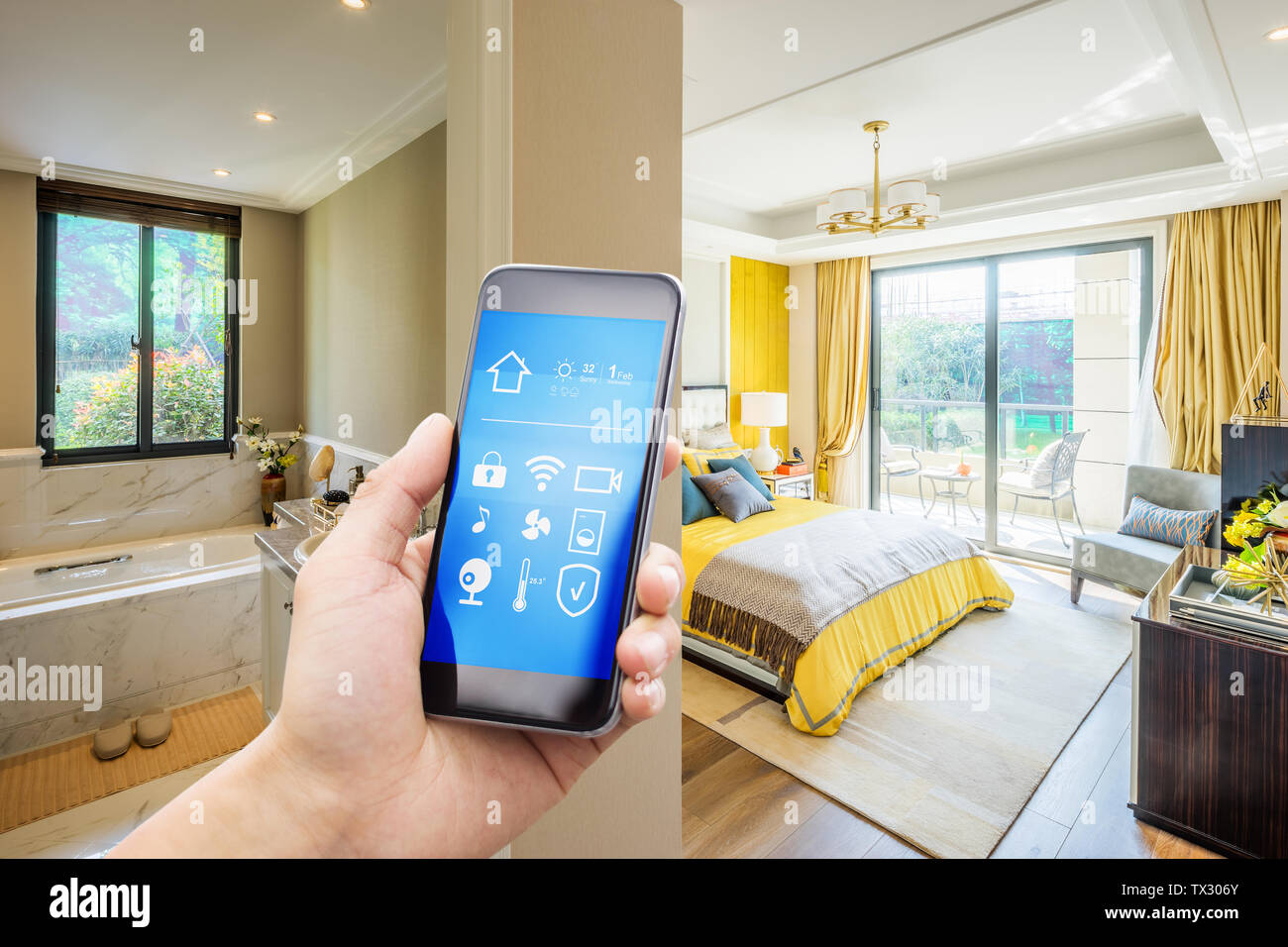 Smart phone with smart home with modern Stock Photo - Alamy