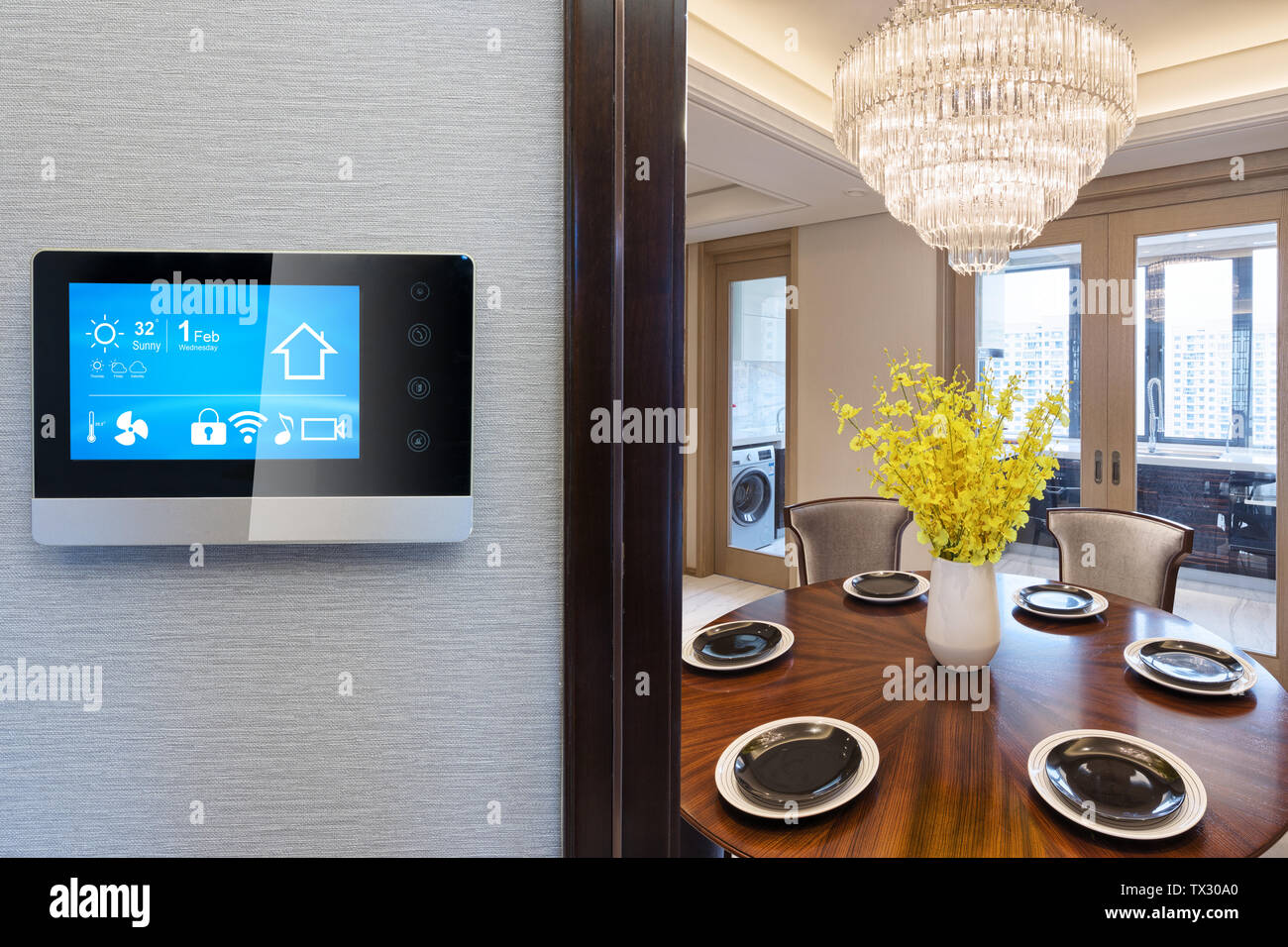 smart screen with smart home and modern dining room Stock Photo - Alamy