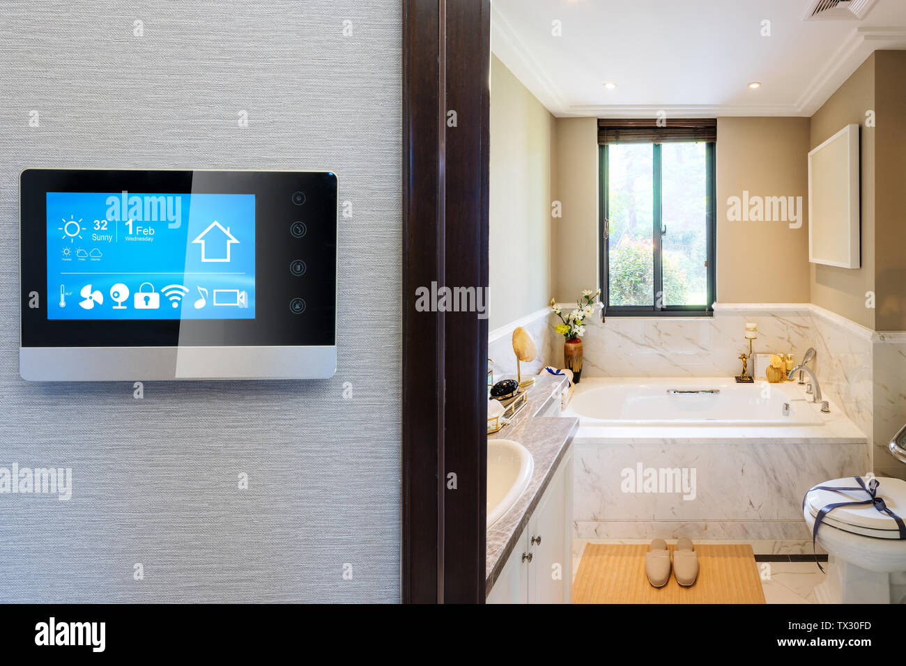 smart screen with smart home with modern bathroom Stock Photo - Alamy