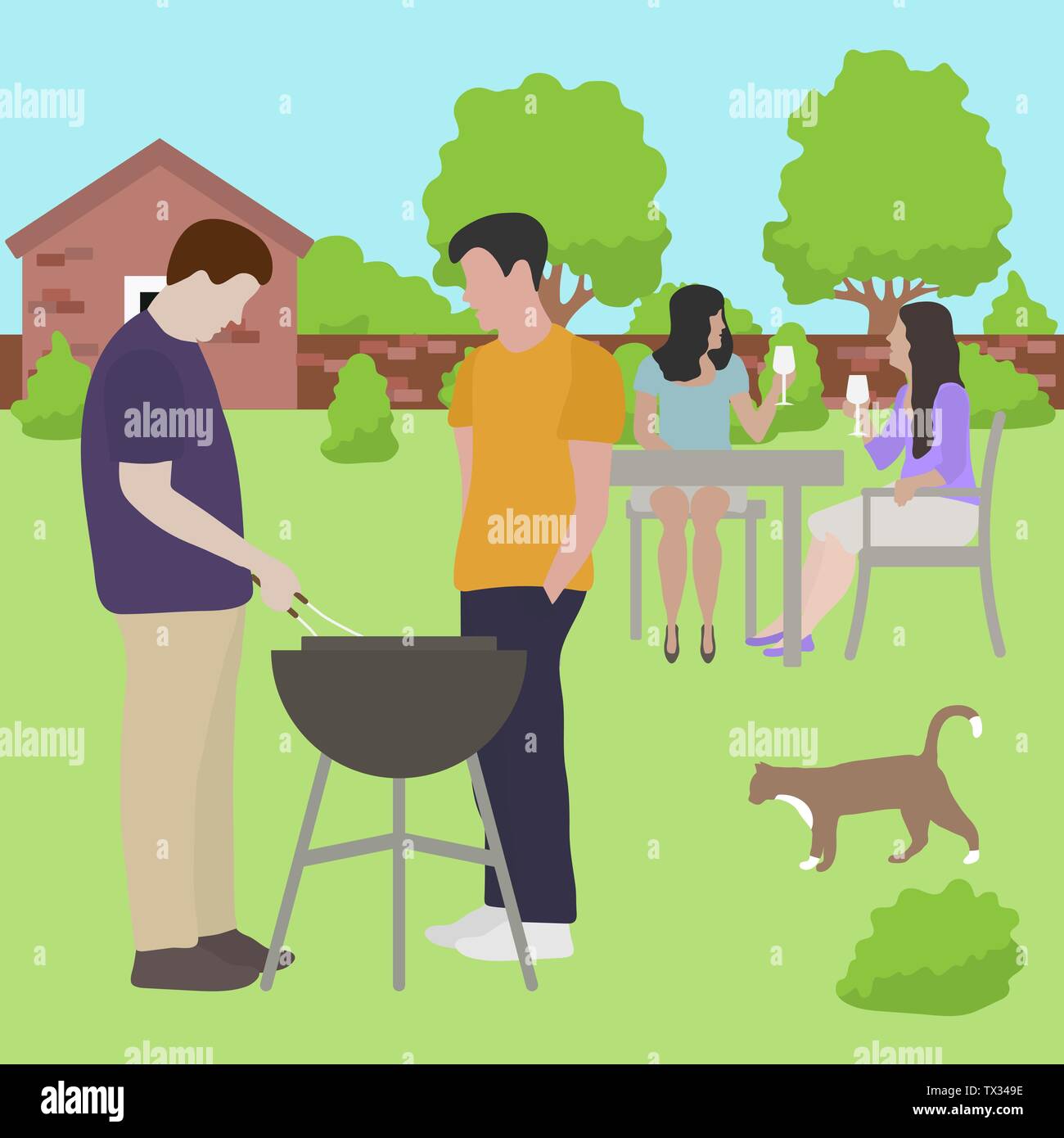 Vector illustration with people having bbq party in the backyard. BBQ ...
