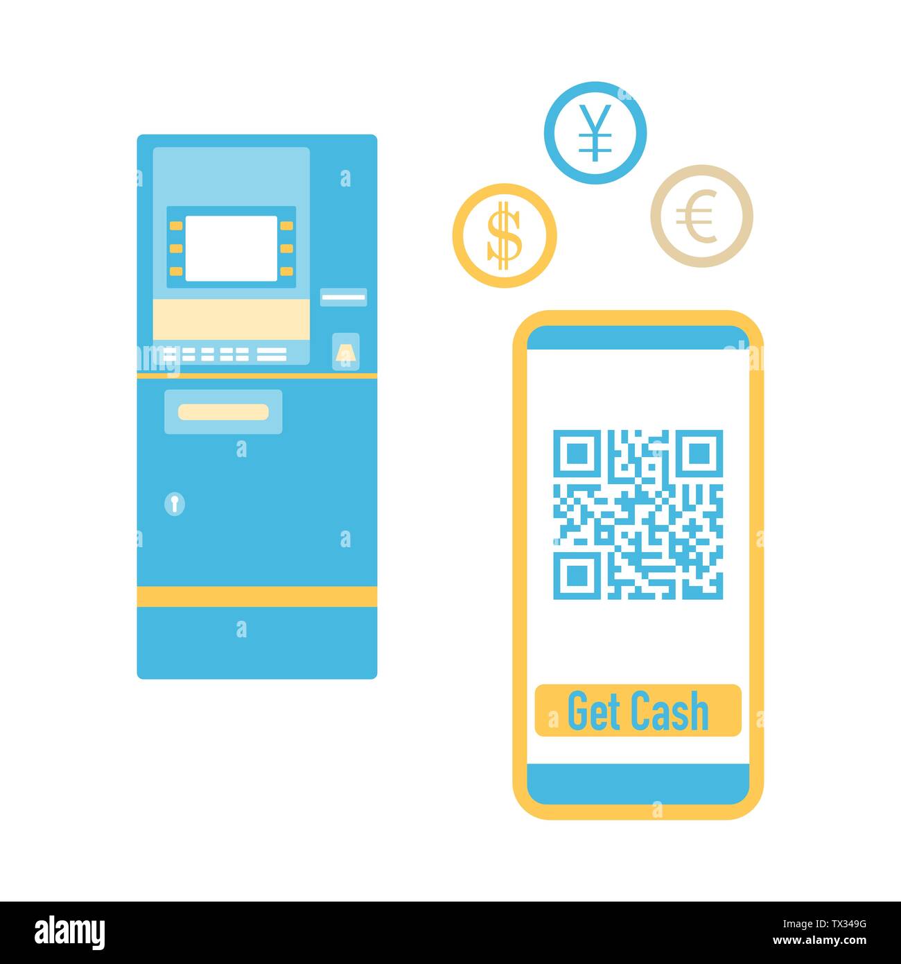 Vector illustration with phone with qr code, ATM cash withdrawal ...