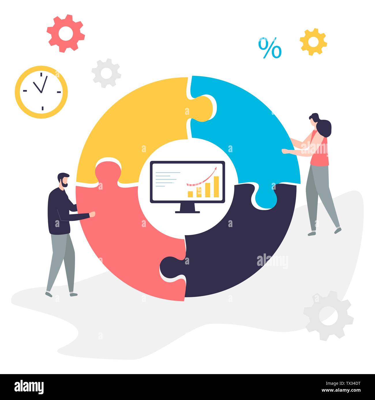 Vector illustration with people connect puzzle elements. Teamwork ...