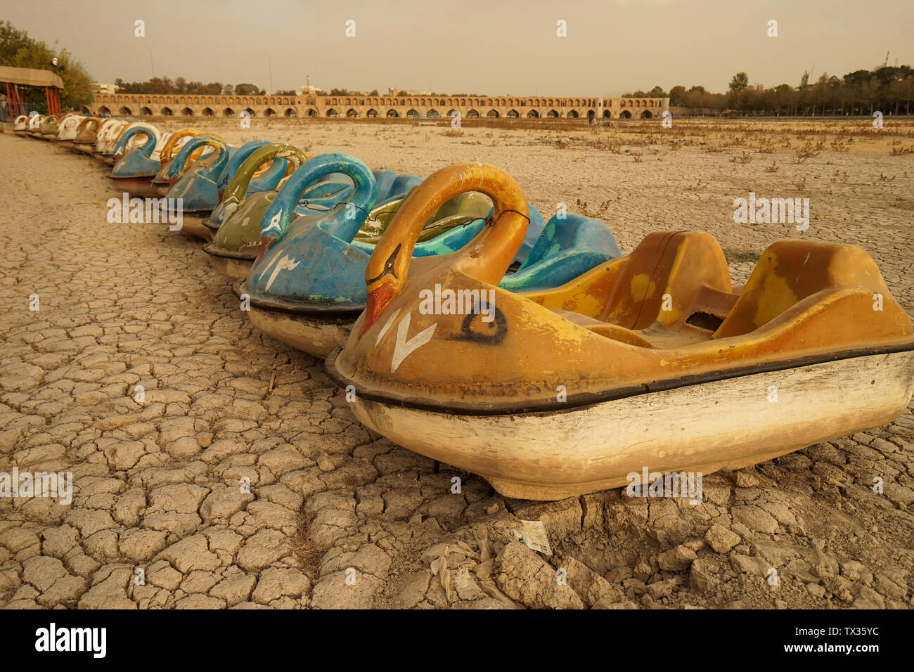 Zayandeh River in Esfahan, dry, without any water, in the background ...