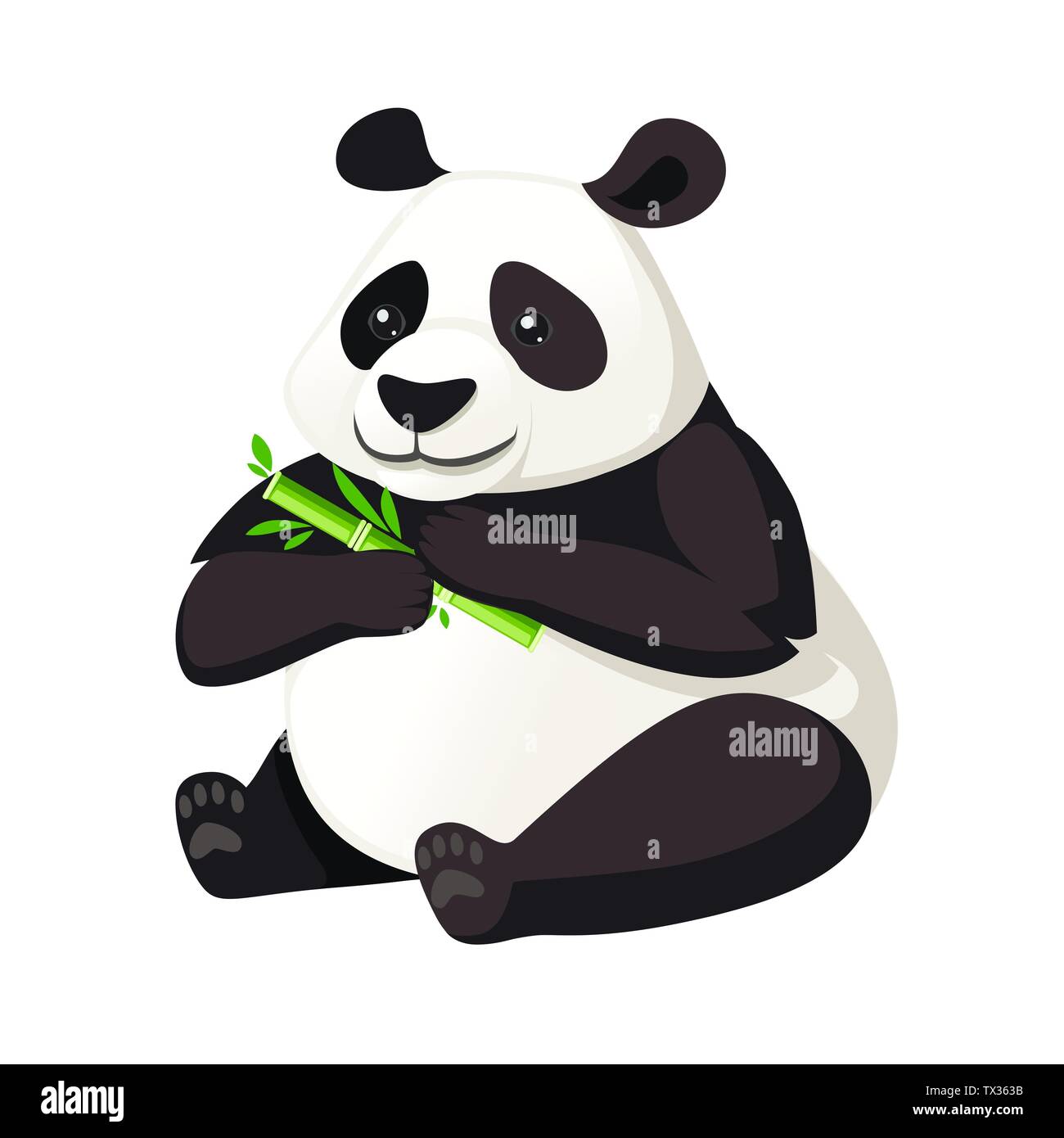 Cute big panda sit on floor and holds bamboo branch cartoon animal ...